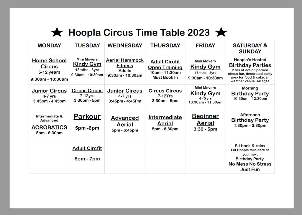 Timetable - Hoopla Circus Classes and Birthday Parties